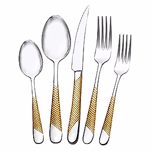 Gold Silverware Set, 20 Piece 18/10 Stainless Steel Flatware Set for 4, ASKSCICI Forks and Spoons Silverware Set for Kitchen and Family Gatherings