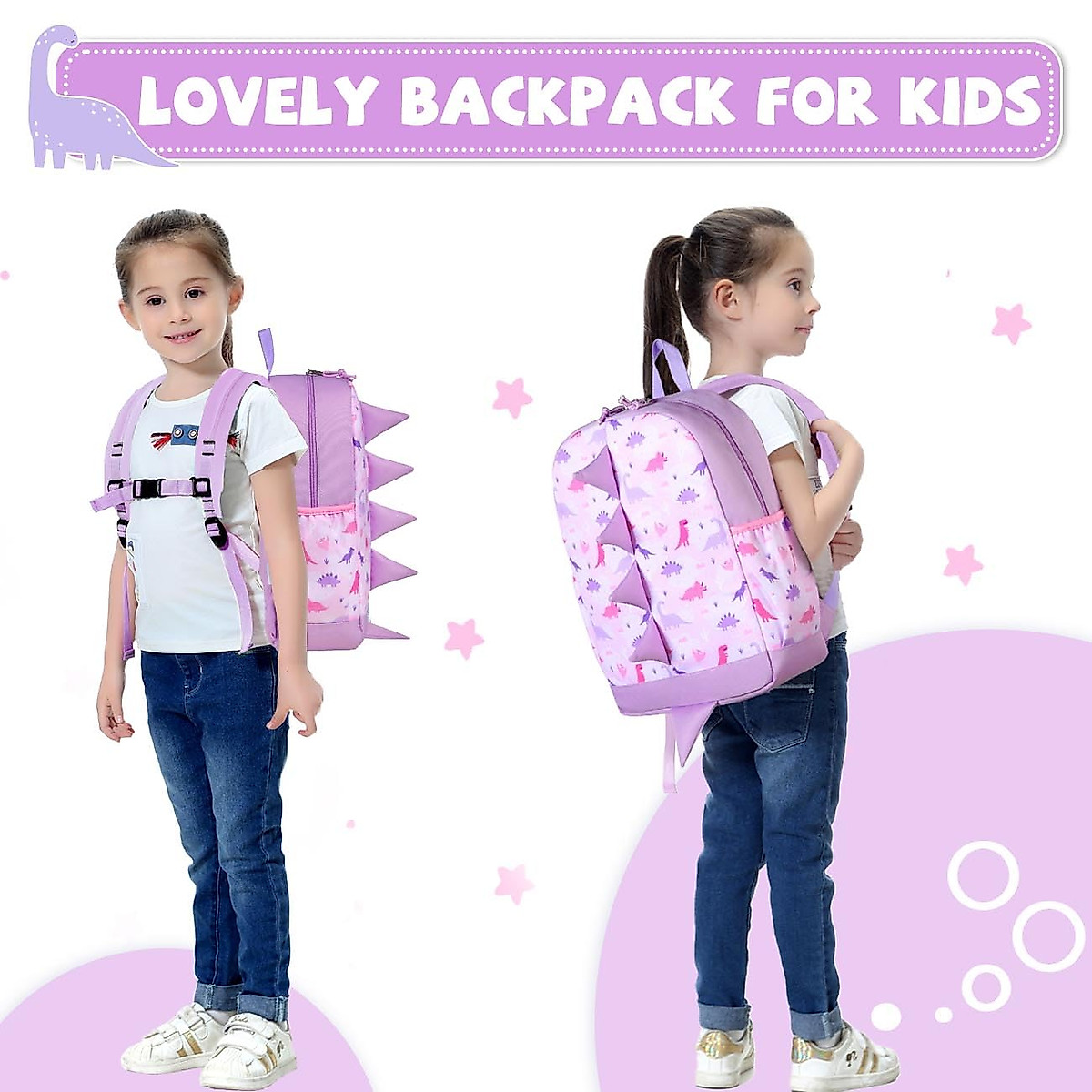 VASCHY Dinosaur Toddler Backpacks, Cute Water Resistant Little Boys Girls Backpack Chest Strap for Kindergarten,Rucksack Schoolbag Bookbag for Kids Pink