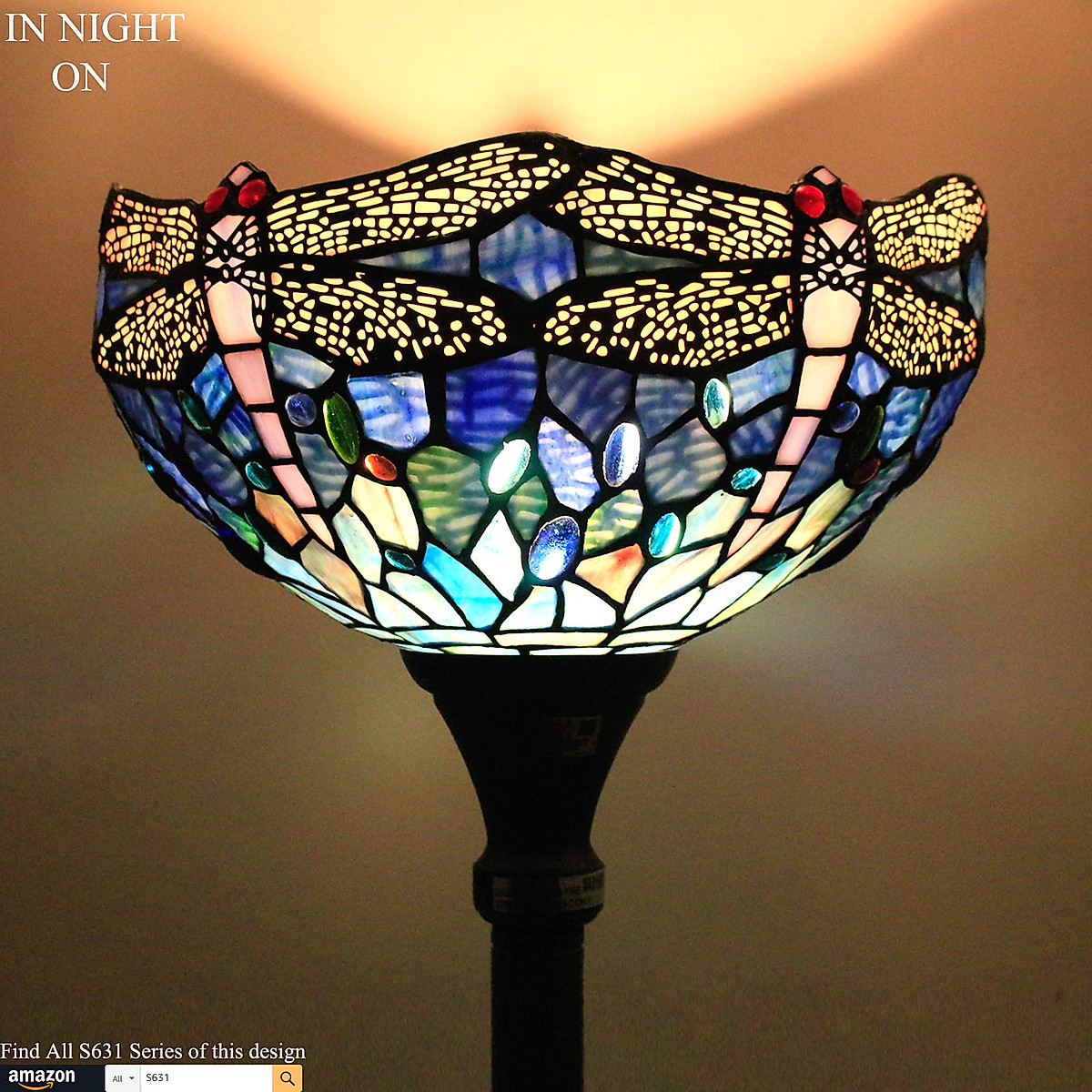 WERFACTORY Tiffany Floor Lamp Sea Blue Stained Glass Dragonfly Light 12X12X66 Inches Pole Torchiere Standing Corner Torch Uplight Decor Bedroom Living Room Home Office S631 Series