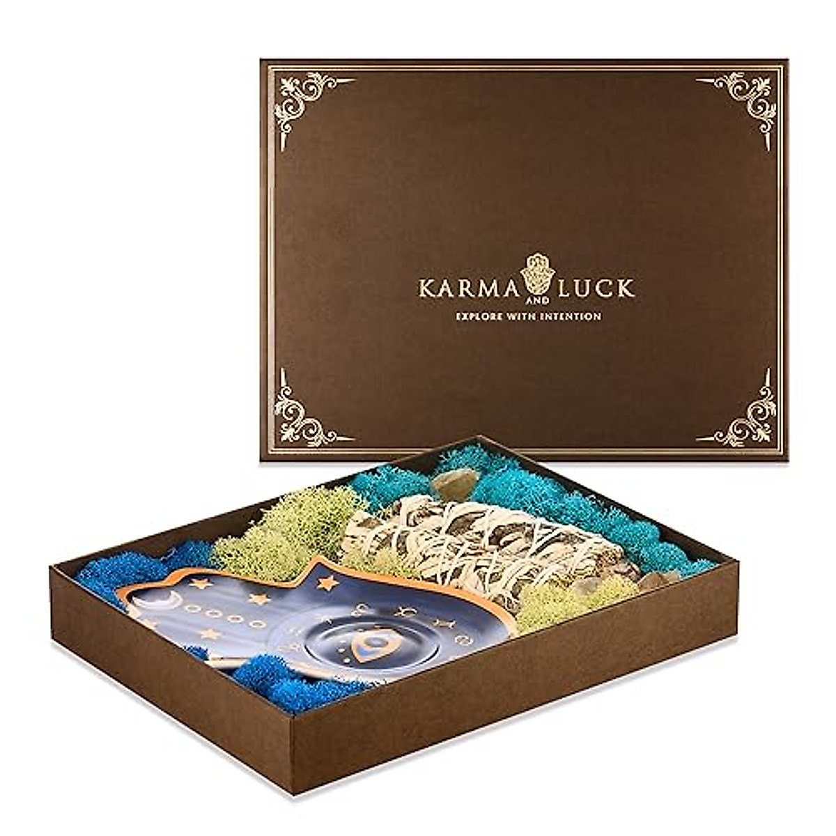 KARMA AND LUCK, Sage Boxes with Hamsa Plates for Energizing and Protecting Your Space, Gift your loved one's (Omniscient Energy)