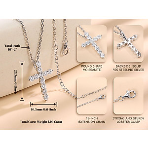 Ladylike 18K Gold Plated Sterling Silver Moissanite Cross Pendant Necklace for Women, with 11 Pieces of 3mm VVS1, D moissanites,Small and Exquisite Necklace,16+2" inches Necklace Chain (Silver)