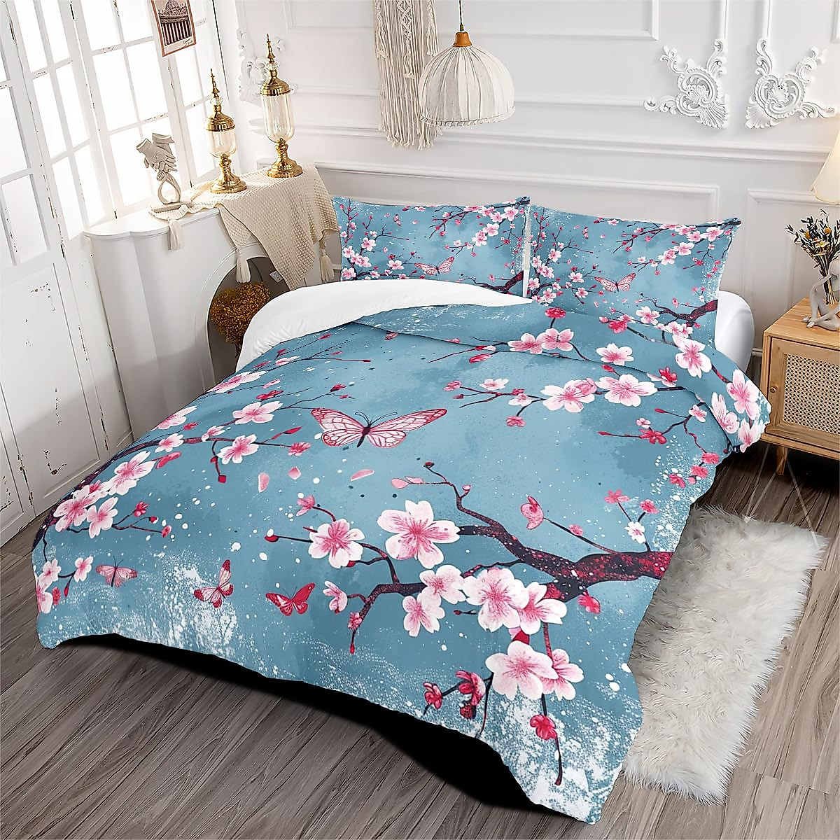 CCoutueChen Japanese Cherry Blossom Duvet Cover Set King Size Blue Floral Butterfly Comforter Bedding Set Retro Duvet Covers for Girls Women Adults Botanical Flower Duvet Cover with 2 Pillowcases