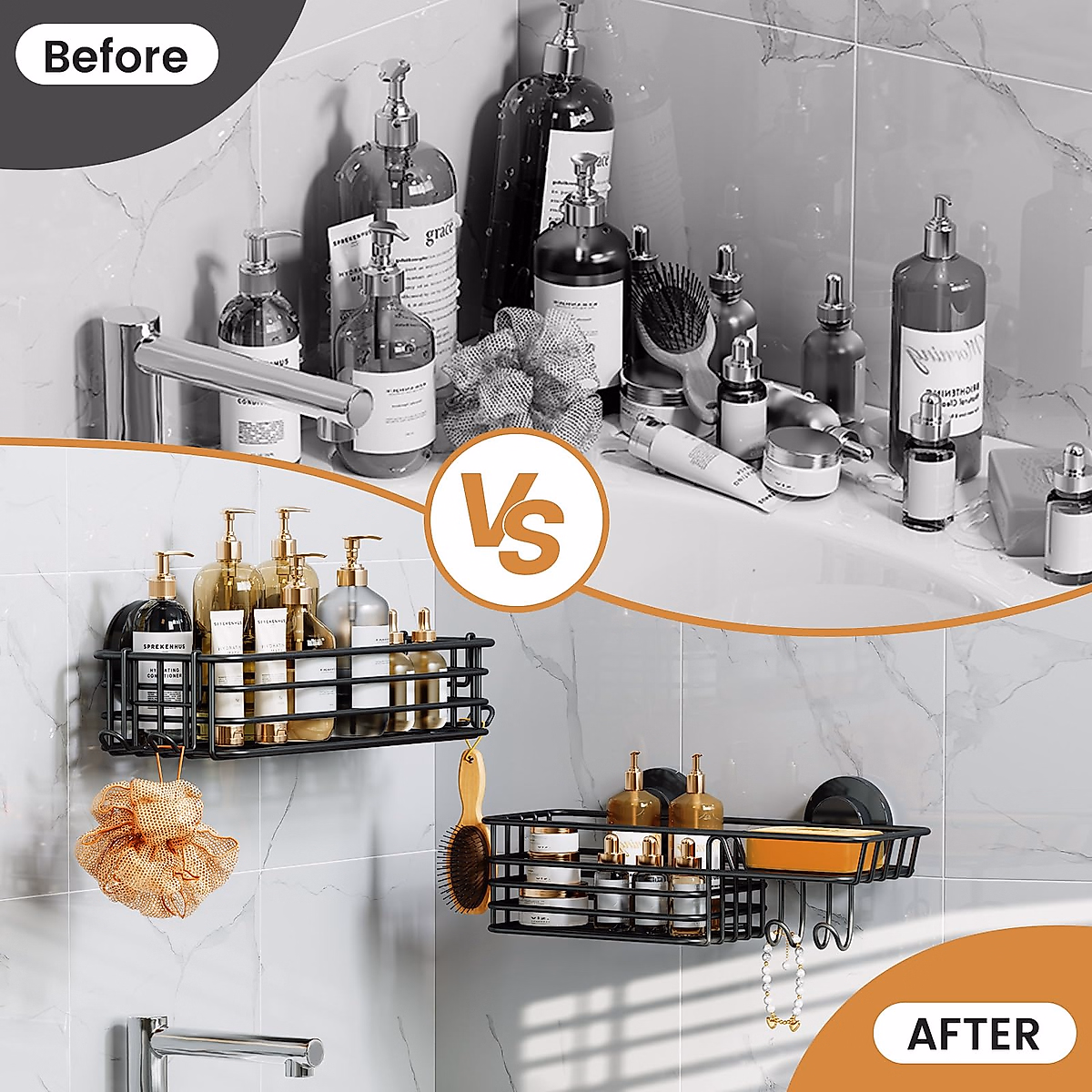 LEVERLOC Shower Caddy Suction Cup, 2 Pack Shower Shelves for Inside Shower with Hooks & Soap Holder, NO-Drilling Shower Organizer, Rustproof Shower Caddies Storage, Black