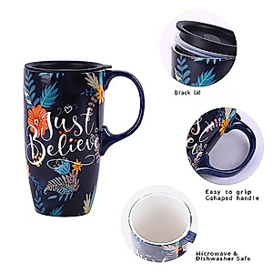 DUSVALLY Ceramic Travel Mug with Handle, Splash-Resistant Slider Lid, Ceramic Coffee Mug for Office and Home, Microwave & Dishwasher Safe, Just Believe Flower