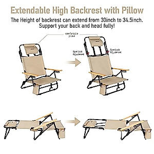 REALEAD Reclining Beach Chairs for Adults - Extendable High Back Low Profile Beach Chair with Headrest, Cooler Pouch, Cup Holder, 4-Position Lay Flat Folding Beach Chairs Heavy Duty Support 330LBS