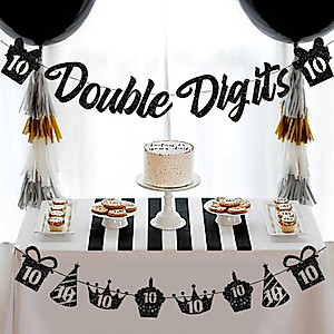 10th Birthday Decorations for Boys Double Digits Birthday Banner Black Glitter 10 Year Old Birthday Sign Ten Years Old Banner Garland