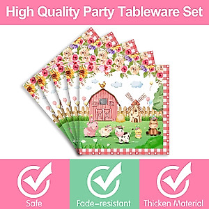 Piooluialy Pink Farm Birthday Party Supplies for Girl - Farm Animal Baby Shower Party Decorations Include Dinner Plates, Cups, Napkins, Cutlery, Farm House Barnyard Theme Party Supplies | Serves 24