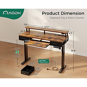 AODK Electric Standing Desk with Drawers & Keyboard Tray, 47 Inch Height Adjustable Small Gaming Desk with Power Outlets & LED Lights, Sit Stand Table with Monitor Stand for Home, Office, Rustic Brown