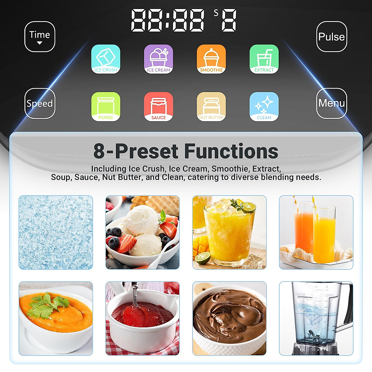 AMZCHEF 8-IN-1 Professional Blenders, 2000 Watts Commercial Blender for Kitchen with Timer, Innovative LED Panel, 8 Functions for Smoothies, Shakes & More, 8 Speeds & Pulse, 68 oz. Pitcher, Black