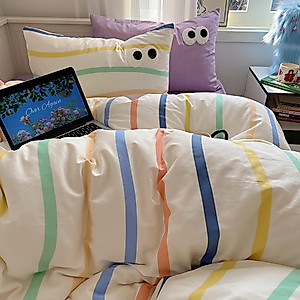 Striped Double Duvet Cover Set Four Piece Suit, Cotton Striped Complete Bedding Sets Super Soft Bed Sheet Sets Whit 1Duvet Cover 2 Pillowcases 1 Sheet,Pink,Twin