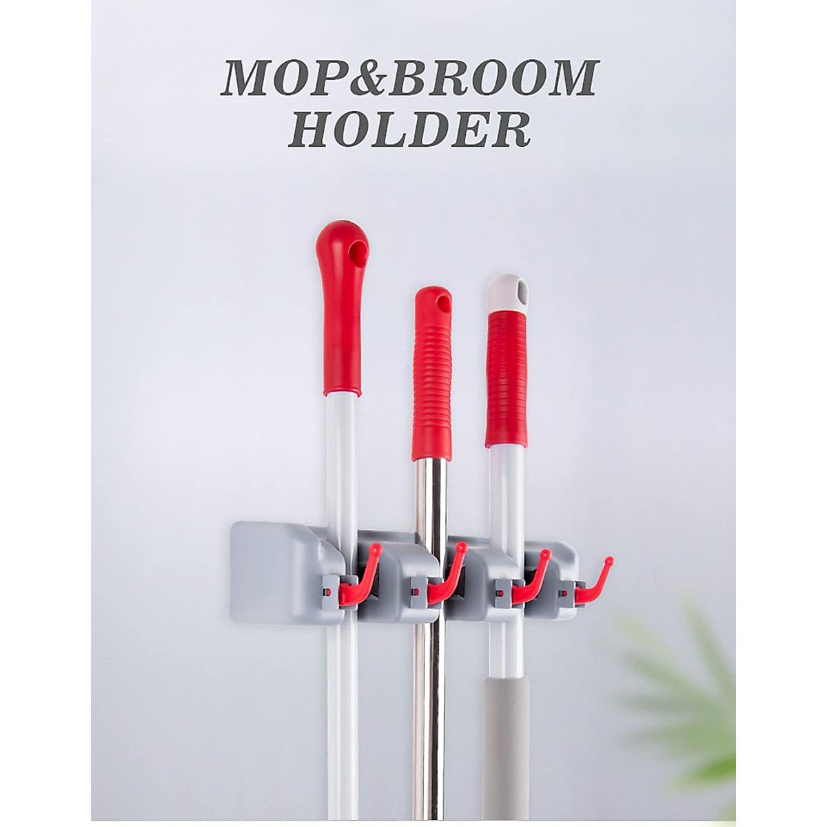 Xifando Broom and Mop Holder Wall Mount -Mop and Broom Storage Rack Wall Mounted Utility Rack (3 Slots 4 Hooks-Grey)