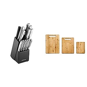 Farberware Stamped 15-Piece High-Carbon Stainless Steel Knife Block Set, Steak Knives & 3-Piece Bamboo Cutting Board, Set of 3 Assorted Sizes, Brown