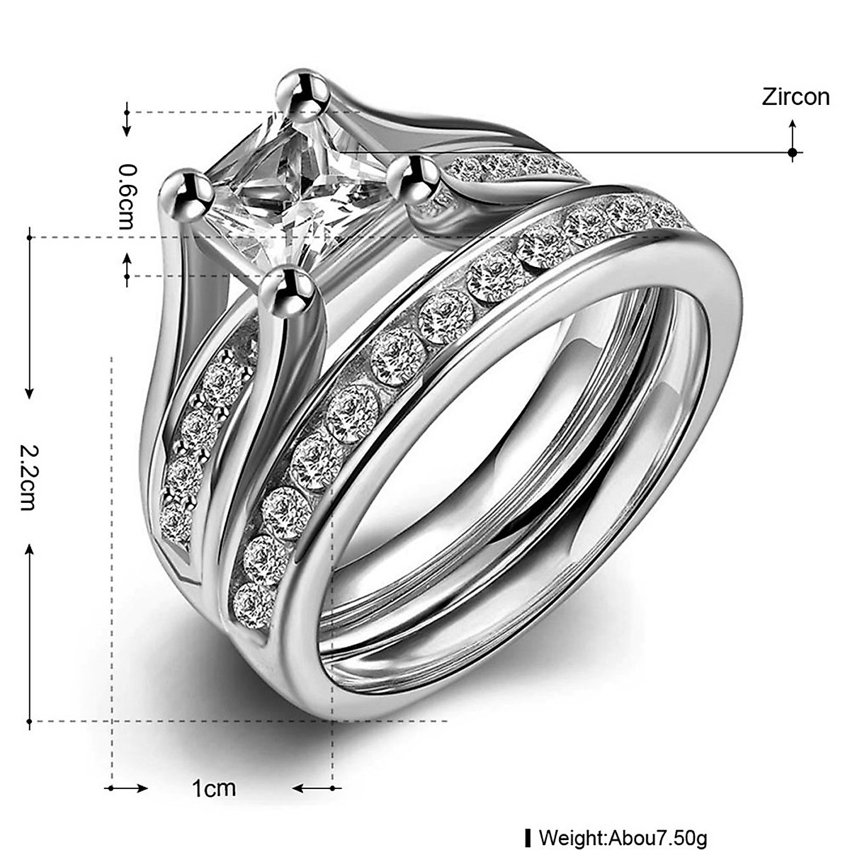 Jude Jewelers Stainless Steel Princess Cut Wedding Engagement Ring Set Anniversary Propose Eternity Bridal Halo (7.5)