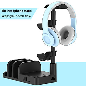 KAFRI Universal Stand for Headphone and Controller, Desk Gaming Headset Holder with USB A&C Chargers and 2 Outlets, Storage Organizer for Switch/Phone/iPad, Desktop Gamer Accessories Boyfriend Gifts