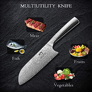 4 Pieces Damascus Kitchen Knife Set with Block, 8” Chef Knife, 7” Santoku Knife, 3.5” Paring Knife, 3 Slots Natural Wood Block, 67 Layer Handmade Damascus VG10 Steel Core, Hammered Ergonomic Handle