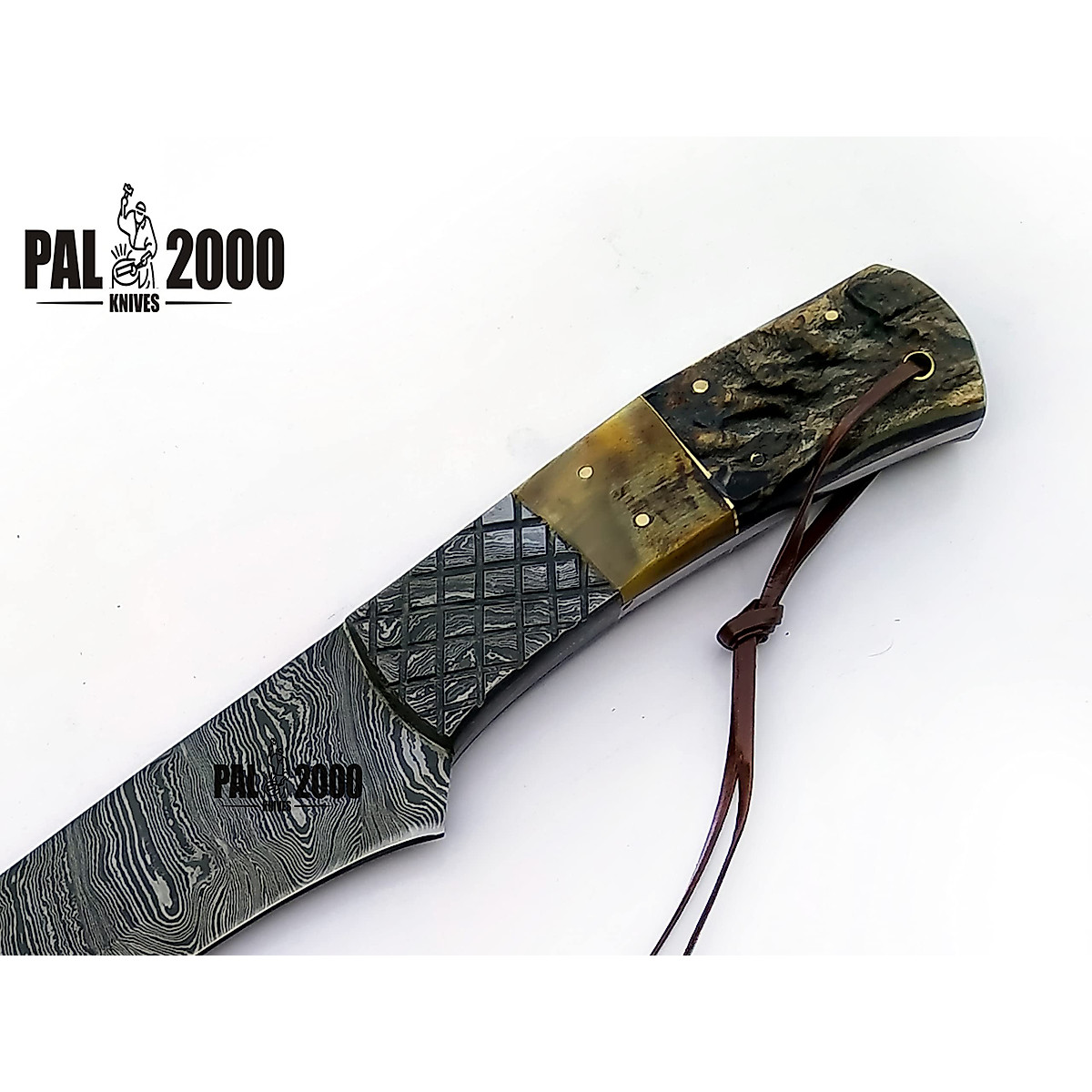 PAL 2000 KNIVES HSK-9990 Handmade Damascus Sword Knife Ram Horn Handle With Sheath