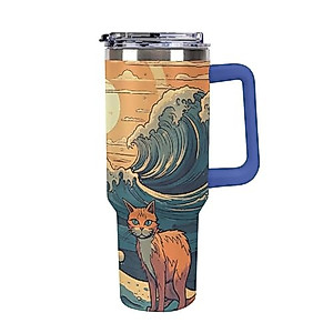 LLUTSNTH 40 Oz Vacuum Tumbler with Deep Blue Handle Leakproof Insulated Tumbler Anime Style Cat Stainless Steel Travel Mug with Lid And Straw Coffee Cup Cute Water Bottles Cup Holder Friendly