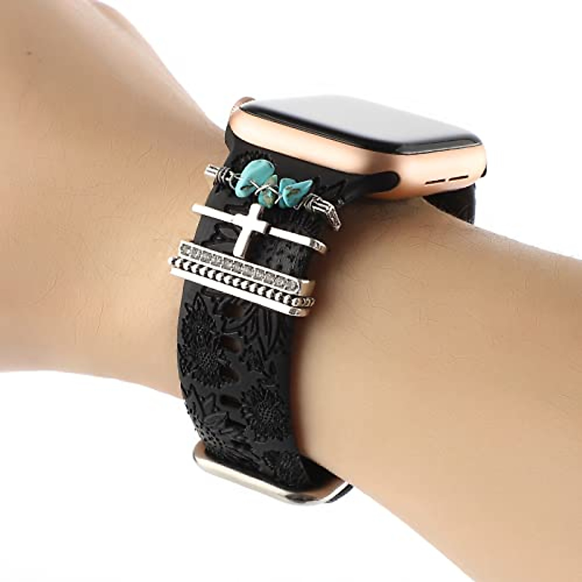 Decorative Ring Loops Compatible with Apple Watch Silicone Bands Charms 38mm 40mm 41mm 42mm 44mm 45mm,Crushed Stone Metal Jewelry Charms Accessories for iwatch Series 7 6 5 4 3 2 1(No Band，Pine Green)