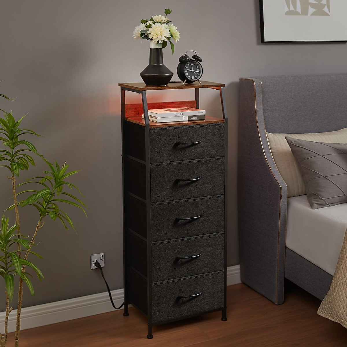 Somdot Black Nightstand with Charging Station and LED Light for Bedroom, Tall 5 Drawers Dresser with Fabric Bins for Bedside Laundry Closet Entryway Hallway, Black Rustic Brown