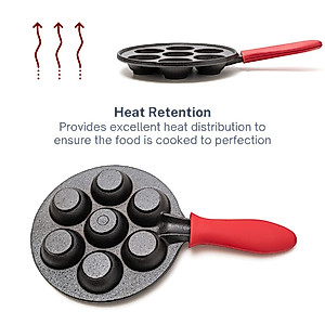 KUHA Cast Iron Aebleskiver Pan for Authentic Danish Stuffed Pancakes - Complete with Bamboo Skewers, Silicone Handle and Oven Mitt