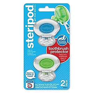 Steripod Clip-On Toothbrush Protector, Clear Blue and Clear Green, 2 Count