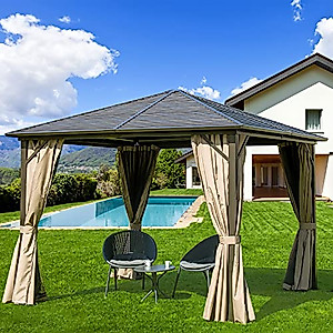 Domi 10'x10' Outdoor Hardtop Gazebo Permanent Canopy with Galvanized Steel Single Roof, Aluminum Frame,Curtains and Netting for Patios,Backyard,Lawns