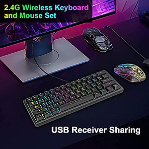 Wireless Gaming Keyboard and Mouse Combo,61 Key Rainbow Backlit Keyboard with Rechargeable 4000mAh,Mechanical Feel,Ergonomic,Quiet,RGB Mute Mice and Mousepad for PS4,Xbox One,Desktop,PC