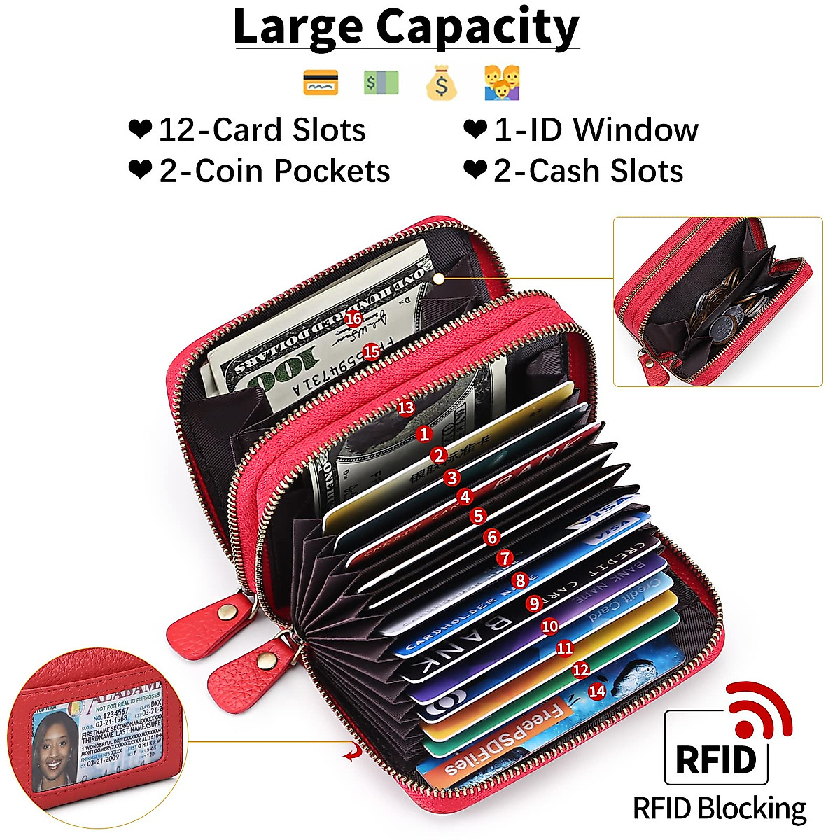 GOIACII Small Genuine Leather Wallet for Women, RFID Blocking Credit Card Holder Wallet