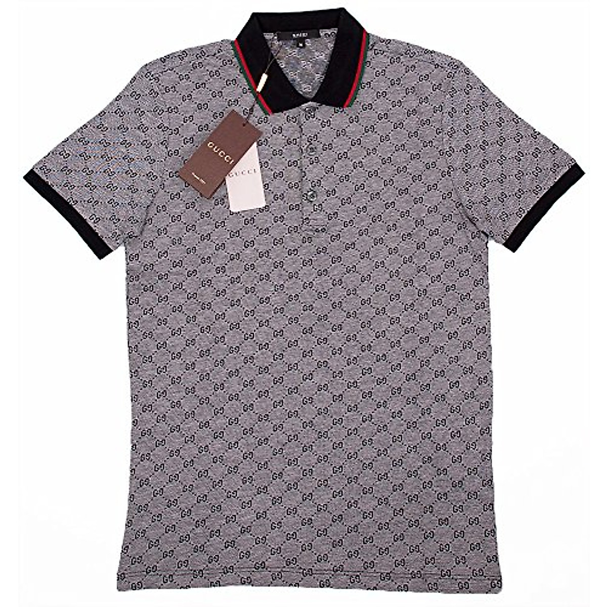 Gucci Polo Shirt, Mens Gray Short Sleeve Polo T- Shirt GG Print (L)