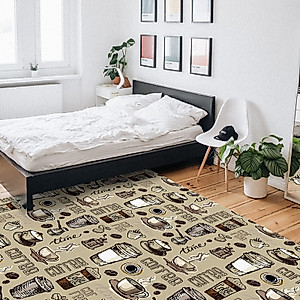 Area Rug for Bedroom Living Room Decor,Retro Sketch Coffee Set Bean with Quote Ultra Soft Non-Slip Accent Rugs Indoor Large Floor Carpet Aromatic Drink on Khaki Non-Shedding Nursery Floor Mat,48x72in