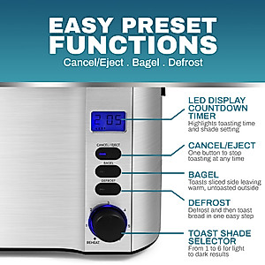Elite Gourmet ECT2428 Extra Wide 1.25” Slot 2-Slice Toaster, Cancel, Defrost and Bagel Functions, 6 Toast Settings, Slide-Out Crumb Tray, Stainless Steel