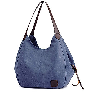 DOURR Women's Multi-pocket Shoulder Bag Fashion Cotton Canvas Handbag Tote Purse (Dark Blue - Medium Size)