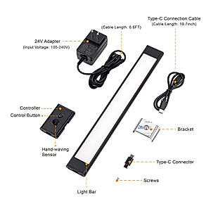 LIT-PaTH Under-Counter Light Fixtures with Hand Wave Sensor, Plug-in Cabinet Light Bar with 24V Adapter, 12W, 960lm, 3000/4000/5000K Selectable, Aluminum Housing, Black Finish