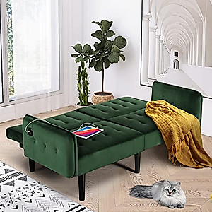 TYBOATLE 65" W Velvet Modern Convertible Folding Futon Couch Sofa Bed w/ 2 USB Charging Ports and arms, Loveseat for Compact Living Space, Dorm, Game Studio, Bonus Room, Apartment, Bedroom (Green)