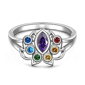 Talonior Lotus 7 Chakra Ring for Women Yoga Lotus Flower Chakra Rings Sterling Silver 925 CZ Healing Crystal Stone Protection Anxiety Relief Jewelry Christmas Gifts Size 7