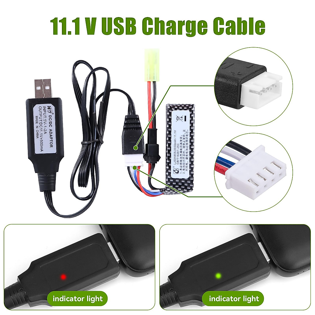 HYF 2 pcs 11.1V 2000mAh 501855 Soft-Gun Toy Rechargeable Li-ion Batteries SM2P Plug with a USB Charging Cable for WPL RES V-3 ESC 1/16 Crawler and Some Water-Gun Toy