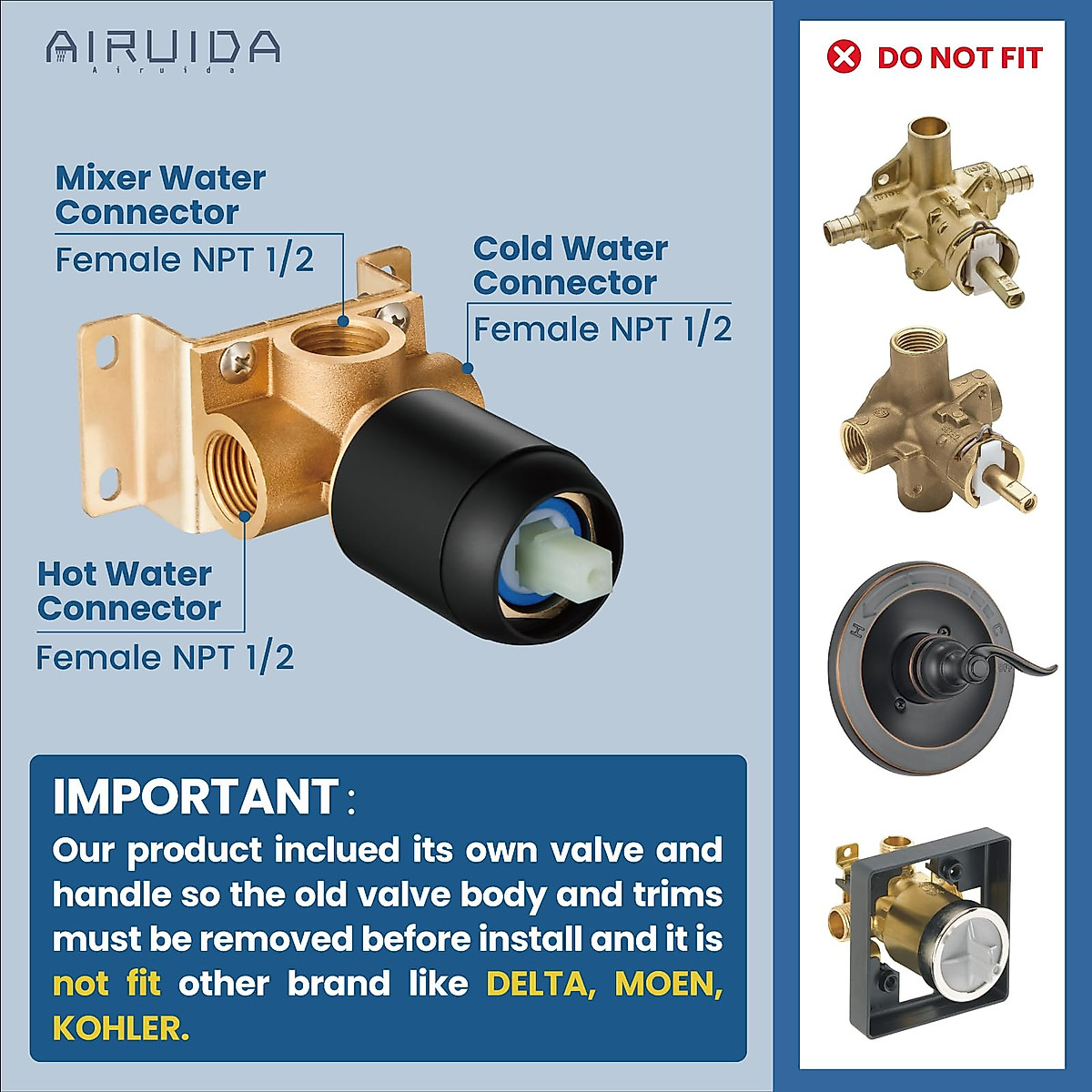 Airuida Matte Black Shower Valve Round Single-Function Shower Handle Valve Trim Kit Shower Valves Wall Mount Shower Rough-In Valve Bathroom Trim Kit Single Handle Shower Valve Mixer Female Thread