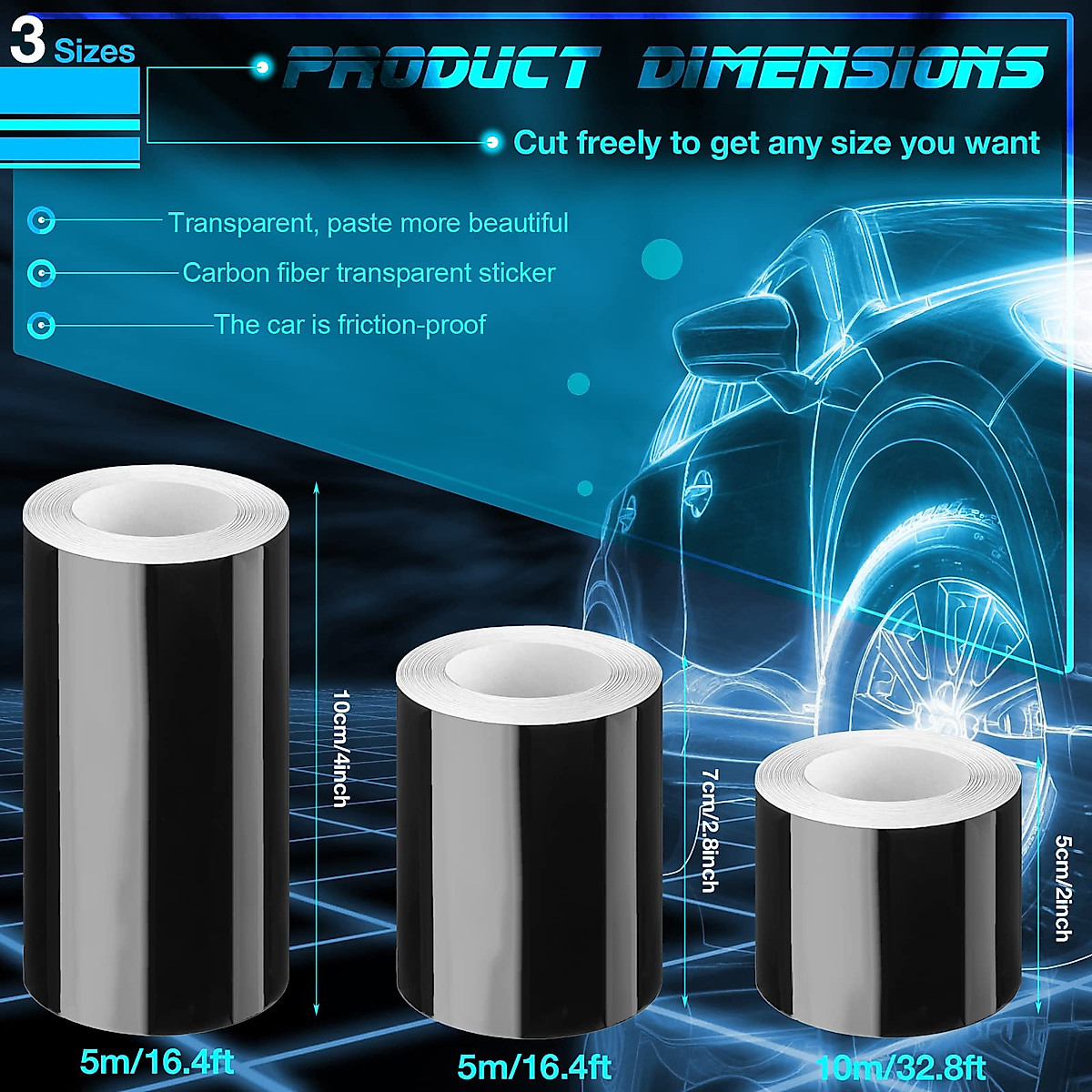 Marsui 3 Rolls 66 ft Vinyl Wrap for Car, Automotive Door Entry Guard Reflective Car Door Sill Protector Adhesive Tape for Chrome Delete Door Edge(2 inx32.8 ft, 2.8 inx16.4 ft, 4 inx16.4 ft,Vinyl)