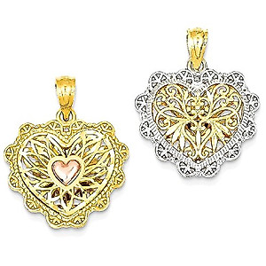 IceCarats 14K Two Tone Gold White Reversible Antique Filigree Heart Necklace Love Pendant Charm Only