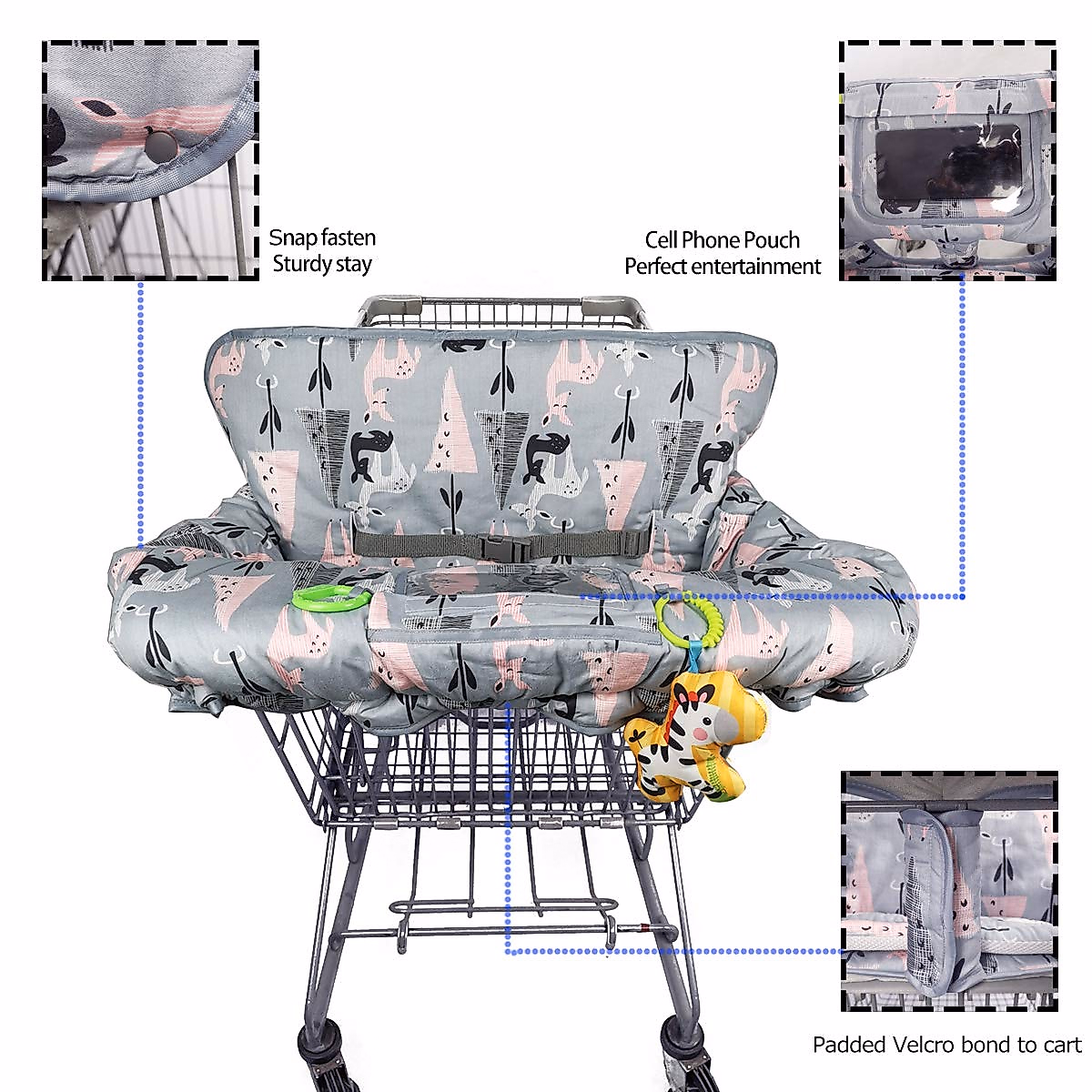 ICOPUCA Shopping Cart Cover, 2-in-1 cart Cover for Babies N high Chair Cover, Padded Grocery cart Cover for Baby boy Girl,with Split/Padded/Reversible seat Cushion, Deer