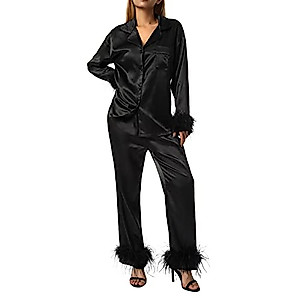 Womens Silk Satin Pajamas Loungewear Feather Decoration Two-piece Sleepwear Lapel Button-Down Pj Set (Black , L )