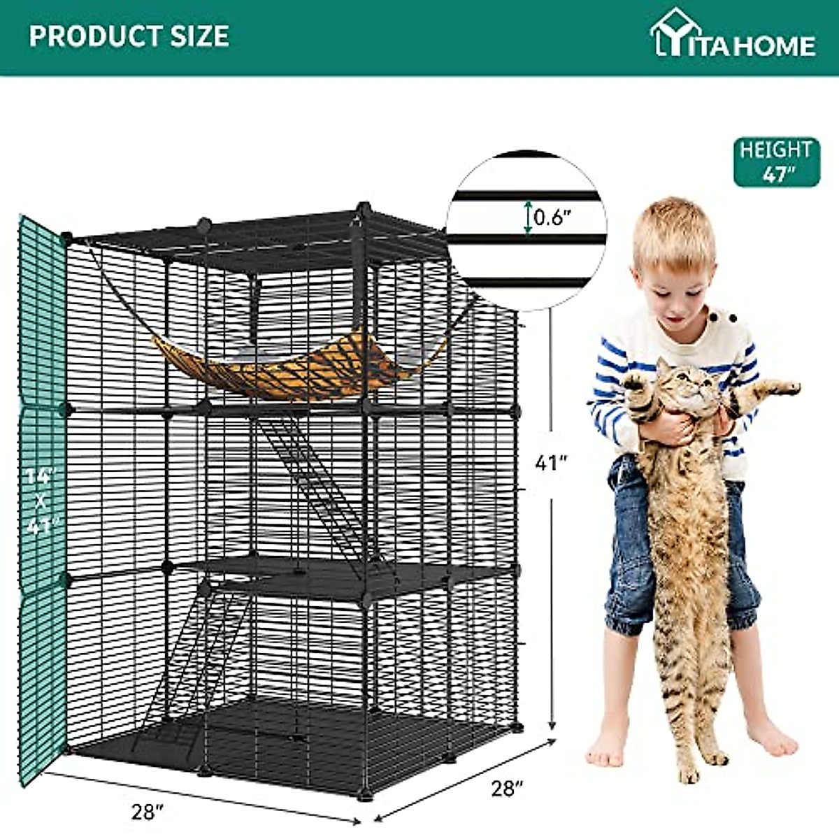 YITAHOME Cat Cage Indoor Cat Enclosures DIY Cat Playpen Metal Kennel with Extra Large Hammock for 1-2 Cats, Ferret, Chinchilla, Rabbit, Small Animals