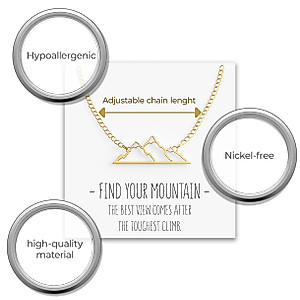 Happy Kisses Mountain Necklace for Women with Snow Top – Pendant Gift for Skiers, Hikers, Campers, Climbers and Nature Lovers – Silver, Rose Gold & Gold (Gold)
