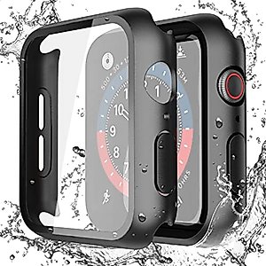 Misxi 2 Pack Waterproof Black Hard Case with Tempered Glass Compatible with Apple Watch Series 6 SE Series 5 Series 4 44mm, Ultra-Thin Durable Protective Cover for iWatch Screen Protector