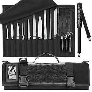 SWISSELITE Chef Knife Roll Bag, Heavy Duty Canvas & Leather Chef Knife Bag, 10 Slots for Knives with Detachable Storage Bag