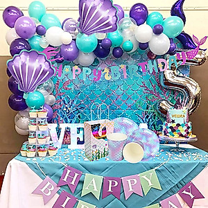8 Pcs Mermaid Tail Balloons and Seashell Balloons 25.5 inch Large Purple Mermaid Tail Foil Balloons for Wedding Summer Beach Mermaid Sea Themed Birthday Party Decorations Supplies