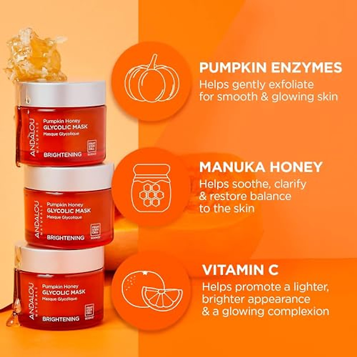 Andalou Naturals Pumpkin Honey Glycolic Mask, Brightening & Exfoliating Face Mask with Glycolic Acid & Vitamin C, Gently Removes Dirt and Brightens Skin, 1.7 fl oz