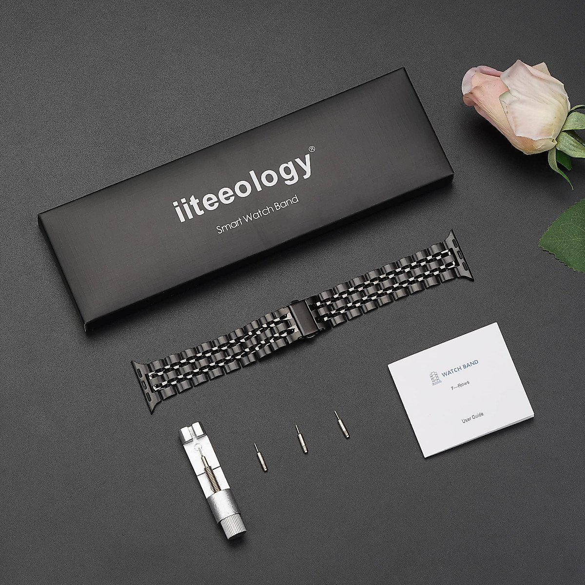 iiteeology Metal Band Compatible with Apple Watch Band 49mm 45mm 44mm 42mm, Upgraded Business Stainless Steel Link Band for Apple Watch Ultra 2/Series 9/Ultra/Series 8/7/6-7 Beads, Black