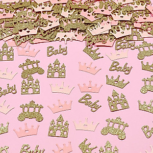 200pcs Princess Baby Shower Confetti - Pink and Gold Princess Baby Shower Decorations for Girl, Glitter Crown, Carriage, Castle Confetti, Baby Princess Table Scatter for Gender Reveal