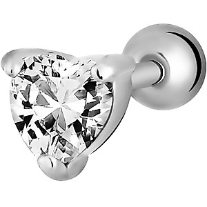 Forbidden Body Jewelry 16g 6mm Surgical Steel Cartilage Earring Stud with 5mm Clear CZ Heart Crystal